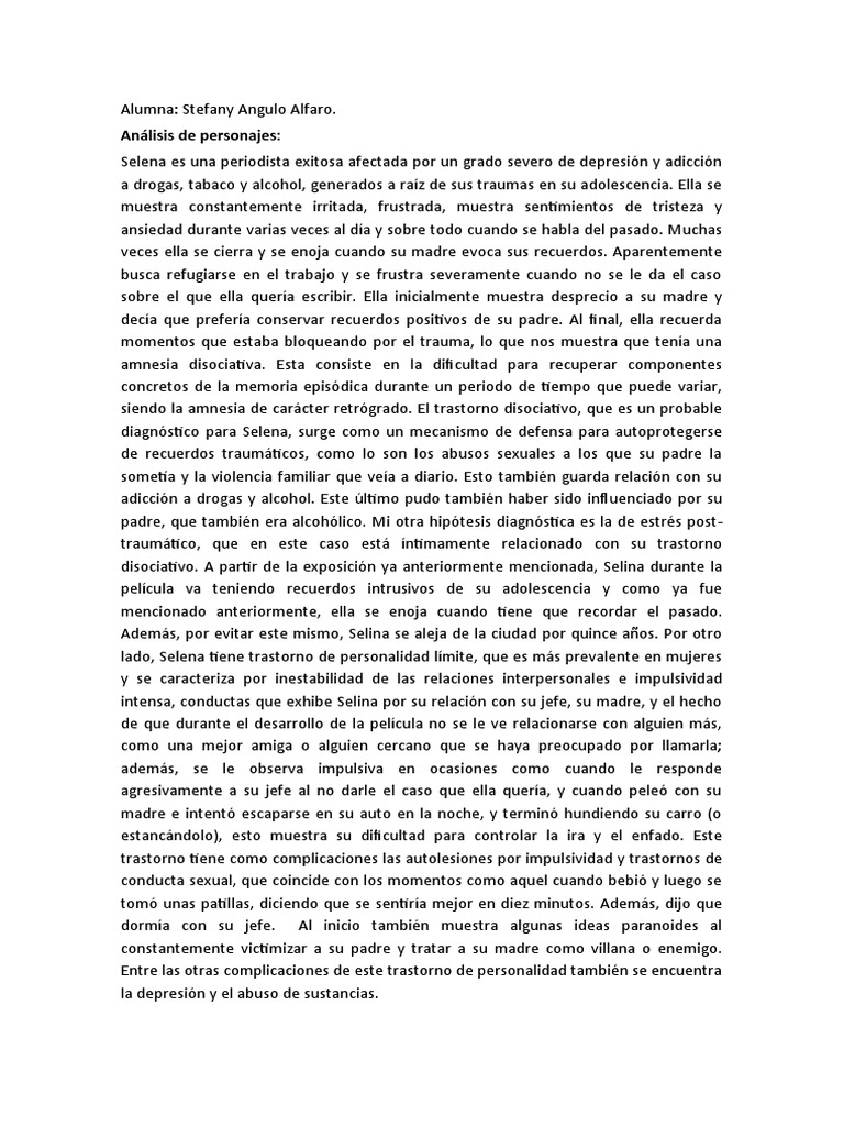 Análisis de Personaje | PDF | Trauma psicólogico | Depresión (estado de ...
