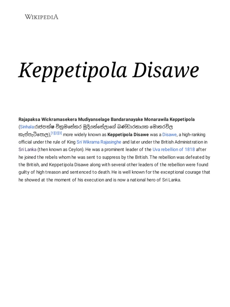 Keppetipola Disawe: Uva Rebellion Leader | PDF | Sri Lanka