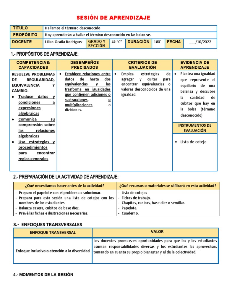 Sesión Hallamos El Termino Desconocido | PDF | Balanza | Evaluación