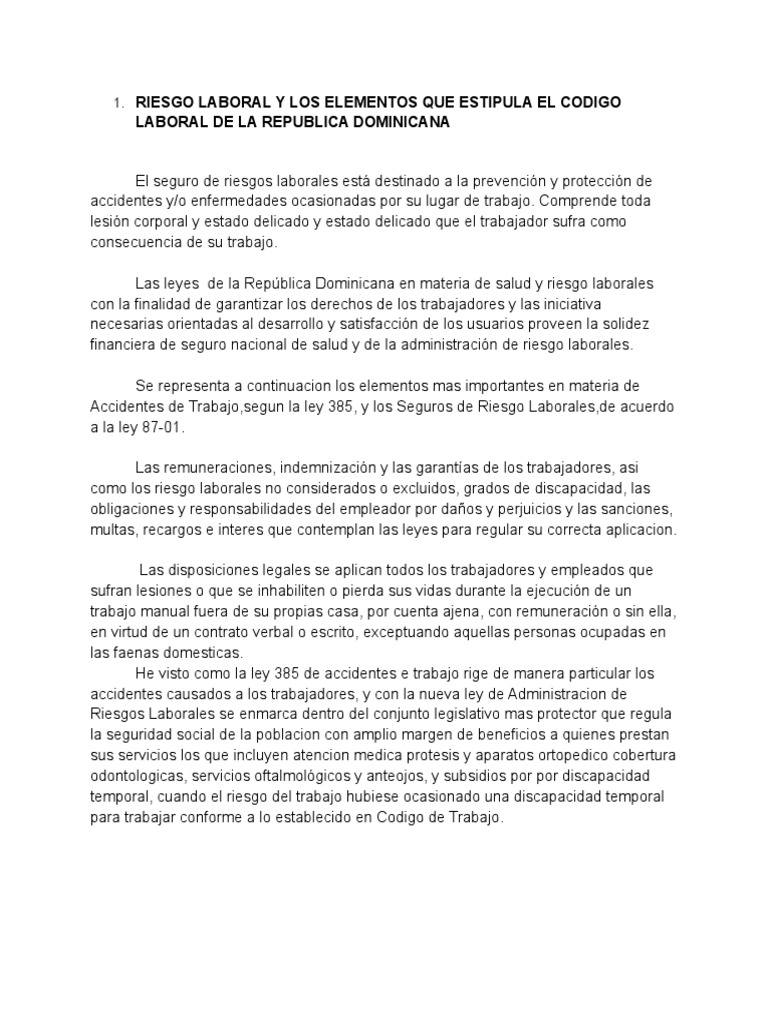 Riesgo Laboral y Los Elementos Que Estipula El Codigo Laboral de La ...
