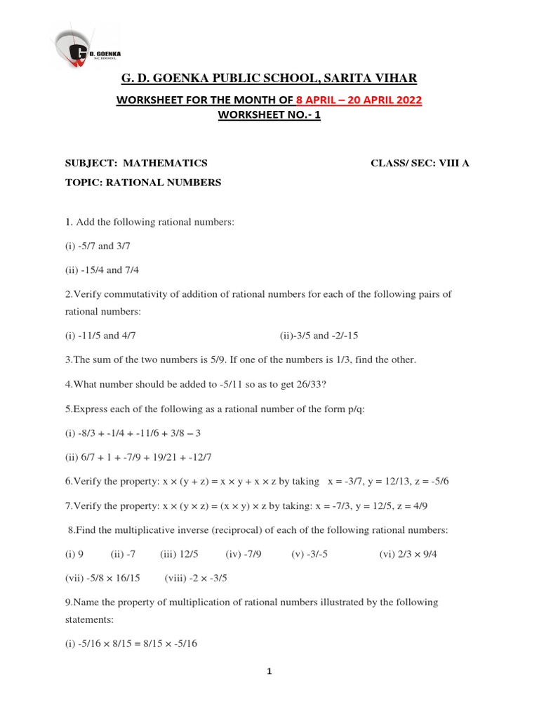Worksheet - 1 - RATIONAL NUMBERS | PDF | Games & Activities | Teaching ...