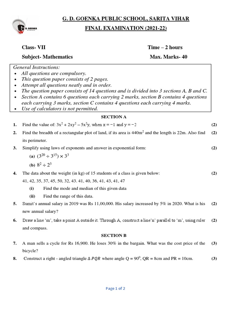 G. D. GOENKA PUBLIC SCHOOL FINAL EXAM MATHS | PDF | Area | Mathematics