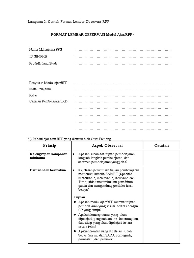 Lampiran 2 - Contoh Format Lembar Observasi RPP | PDF | Karier & Perkembangan