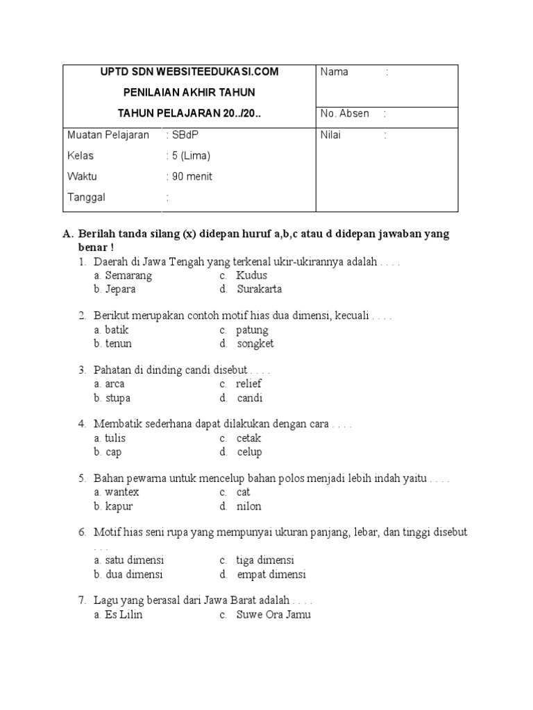 Soal PAT SBDP Kelas 5 | PDF