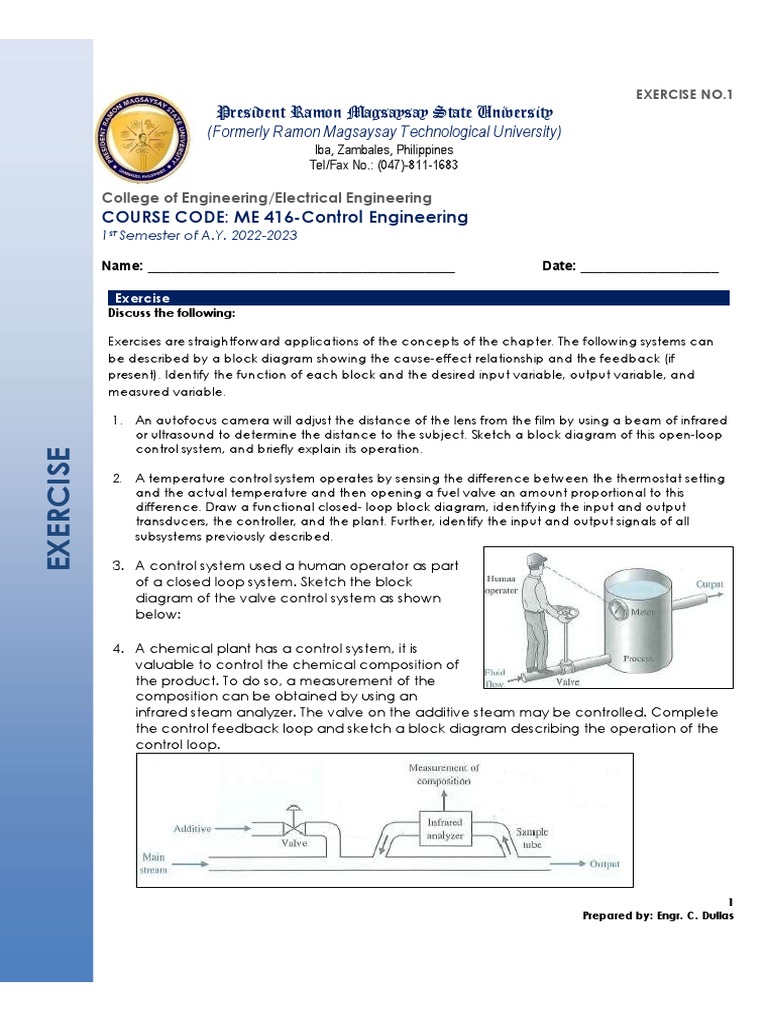 ME416 - Exerecise 1 | PDF | Control System | Control Theory