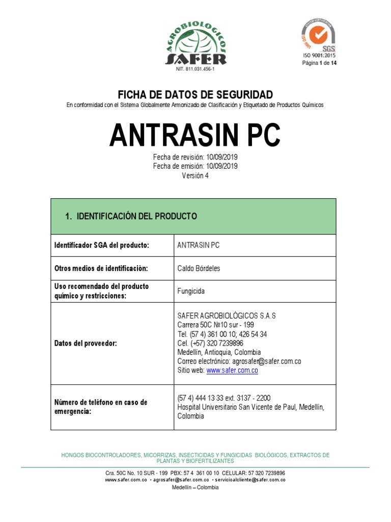 Ficha de datos de seguridad Antrasin PC | PDF | Agua | Pesticida