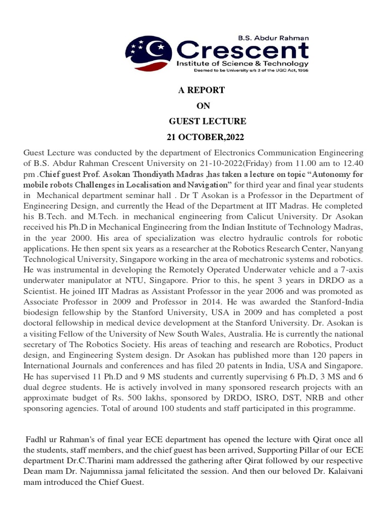 A Comprehensive Report on a Guest Lecture by Dr. Asokan Thondiyath on ...
