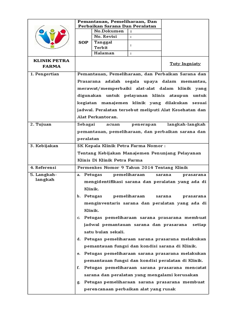 3.5.1.2 Sop Pemantauan Pemeliharaan Dan Perbaikan Sarana Dan Prasarana | PDF