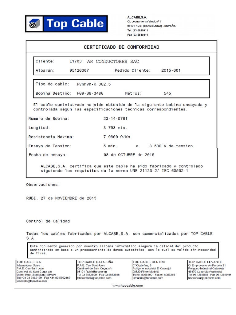 Certificado Top Cable Powerhard | PDF