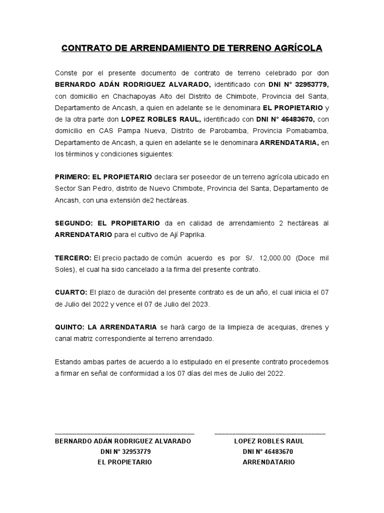 Contrato De Arrendamiento De Terreno Ejemplos Y Formatos Word Pdfmodelo ...