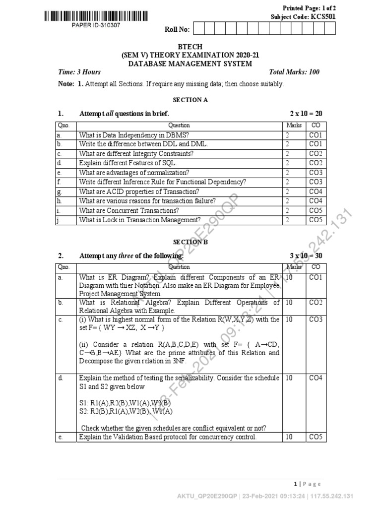 KCS501 Database Management Exam Paper | PDF | Database Transaction | Relational Database