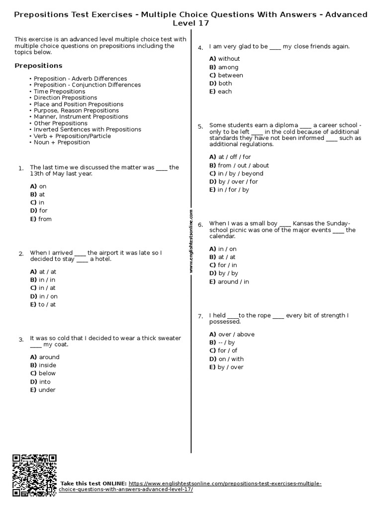 516 - Prepositions Test Exercises Multiple Choice Questions With ...
