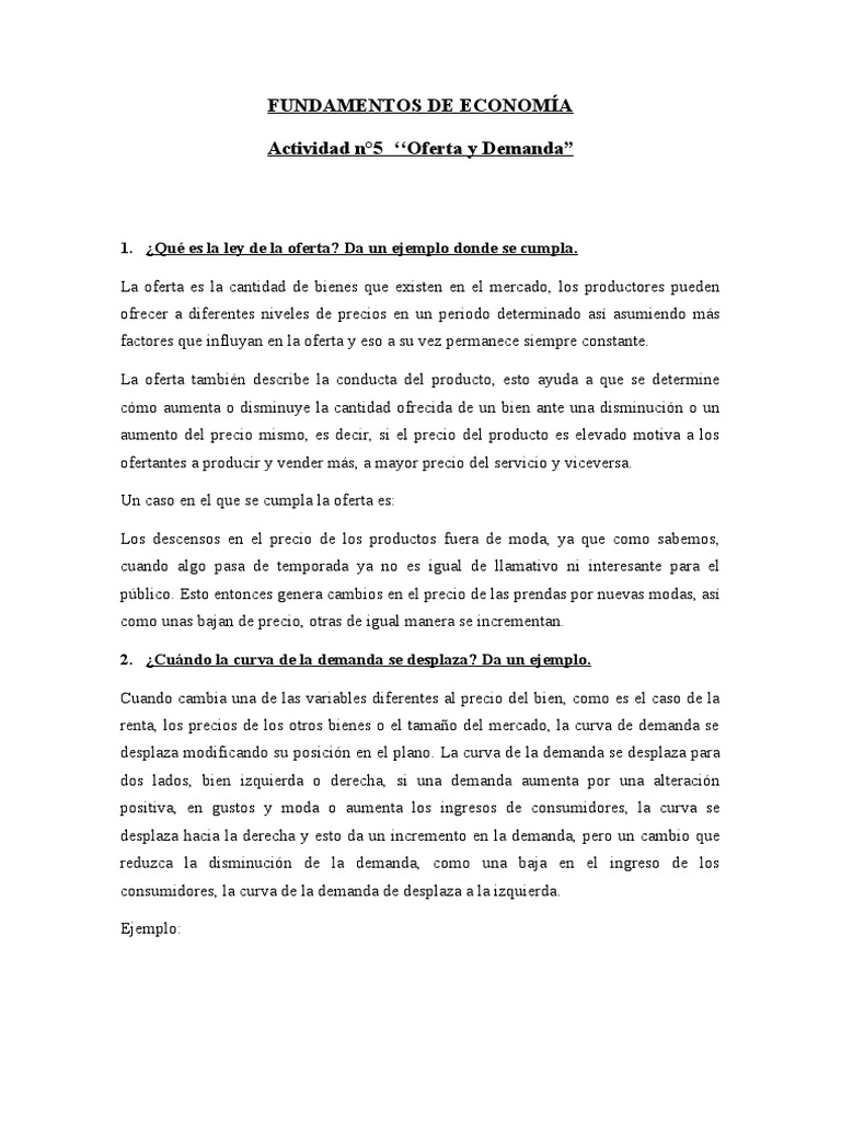 FUNDAMENTOS DE ECONOMÍA Tarea N°5 | PDF | Oferta y demanda | Oferta (economía)