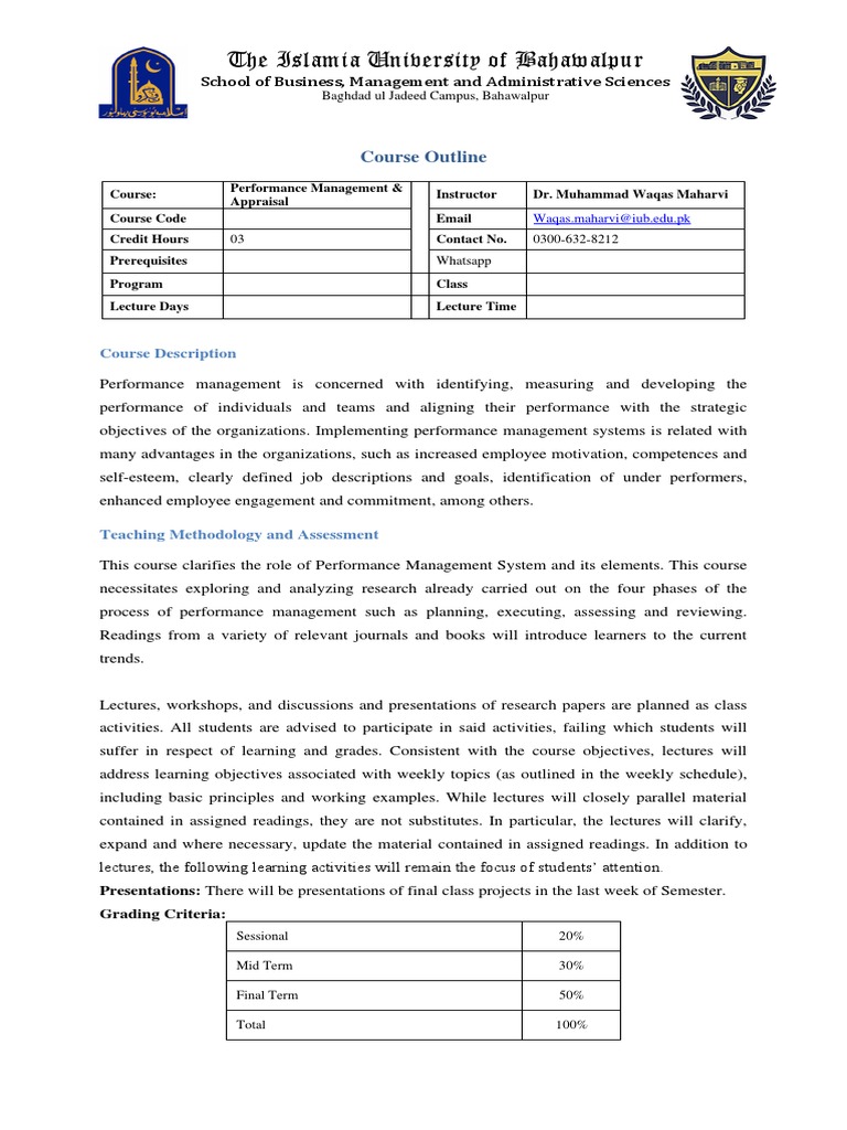 Course Outlines Of Performance Management And Appraisal Pdf Performance Appraisal Cognition