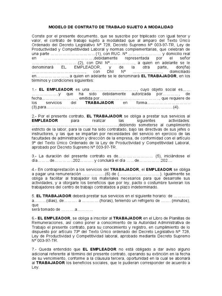 Modelo de Contrato de Trabajo Sujeto A Modalidad | PDF | Derecho laboral | Personal