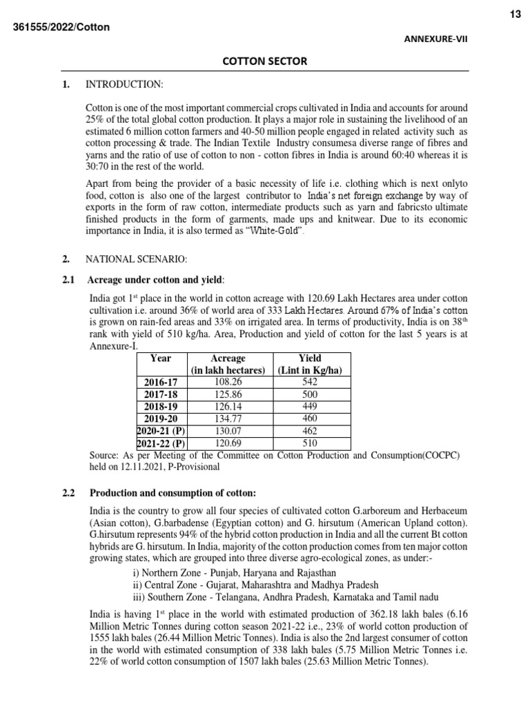 Analysis of the Indian Cotton Sector: Production, Consumption, Trade ...