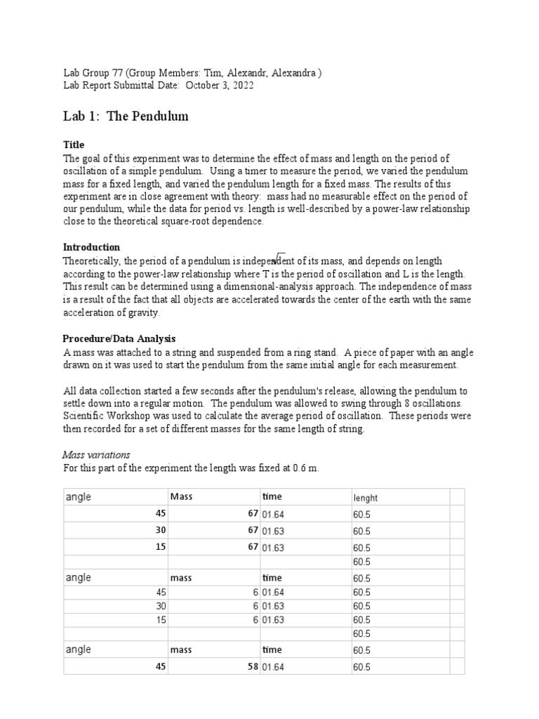 Lab Report 1 | PDF | Pendulum | Mass