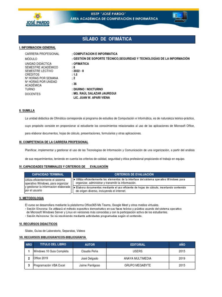 Sílabo - Ofimática | PDF | Microsoft Excel | Microsoft Windows
