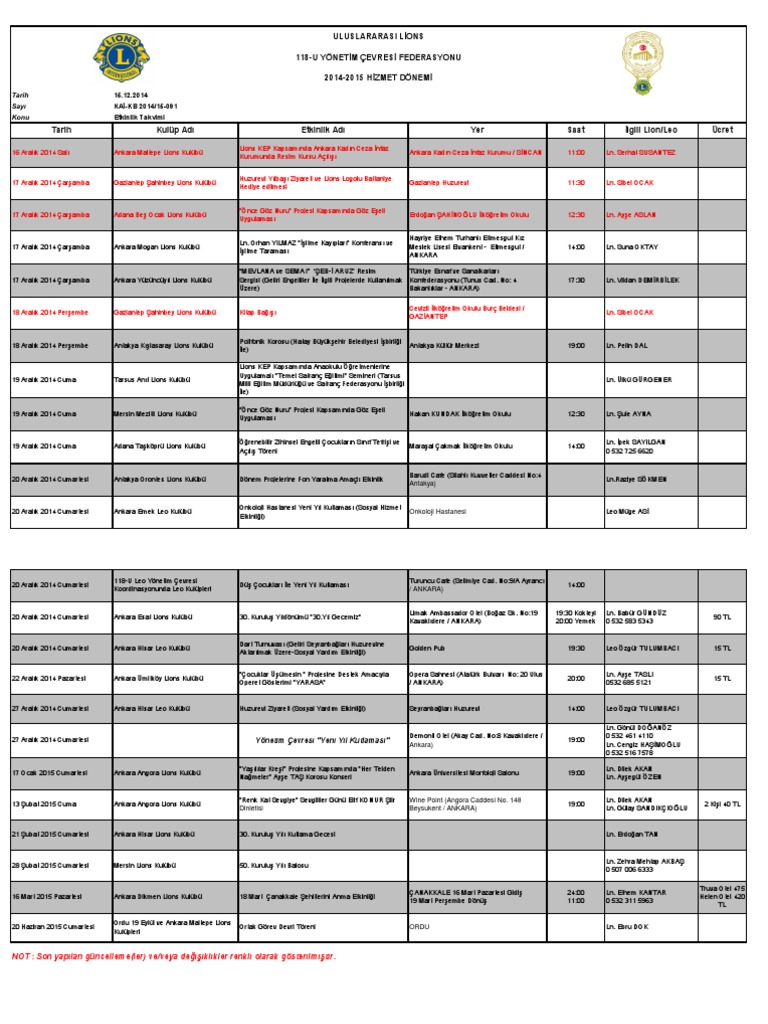 Kulup Etkinlik Takvimi 15122014 - 921c | PDF