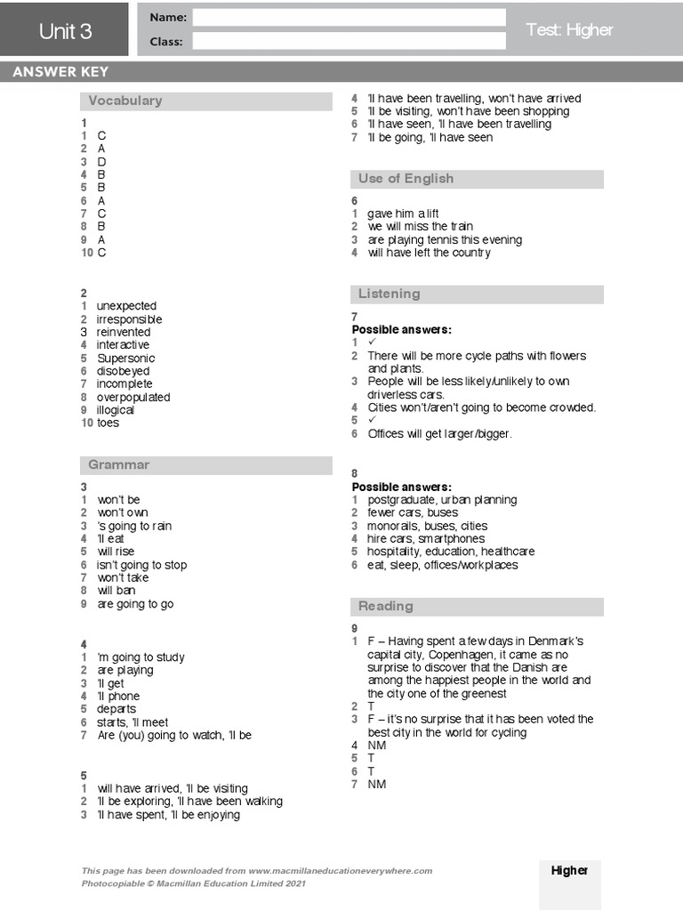 B2 U3 Test Higher Answer Key | PDF