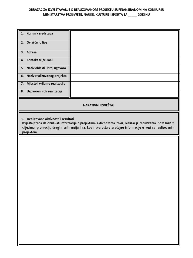 Prilog 2 Obrazac Izvjestaja o Realizaciji Projekta 3 | PDF