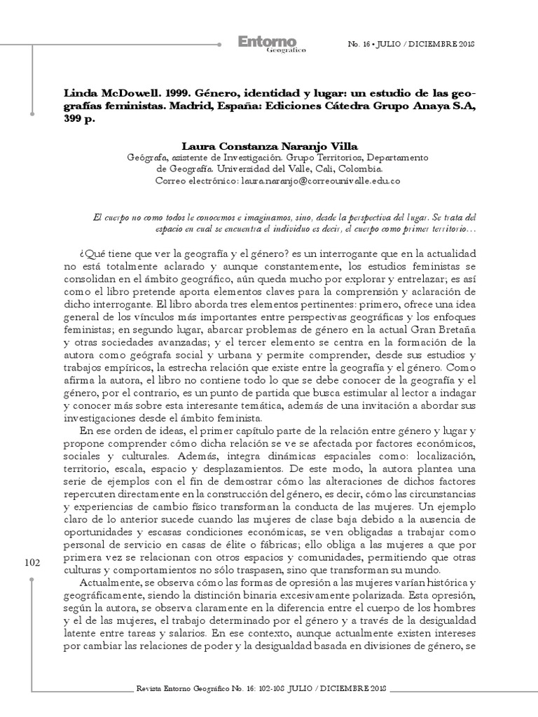 Genero Identidad y Lugar. Linda McDowell | PDF | Mujer | Género