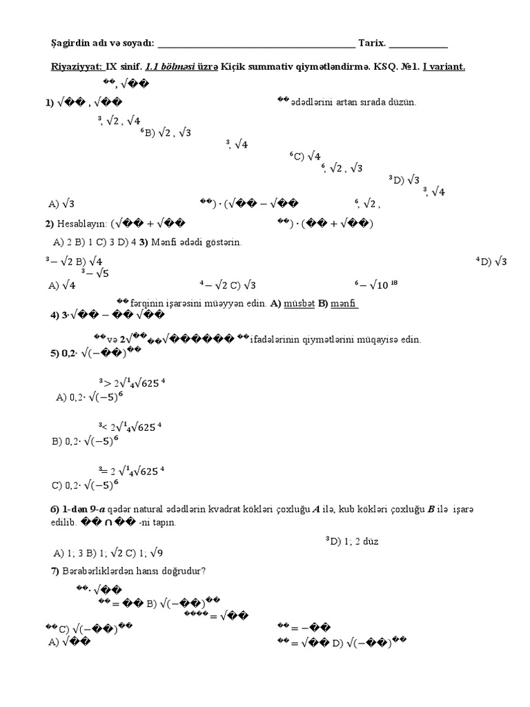 9 S. Riyaziyyat. KSQ. 1. (1.1 Bölməsi Üzrə) - I-II Variant. FƏRMAN VƏLİYEV | PDF