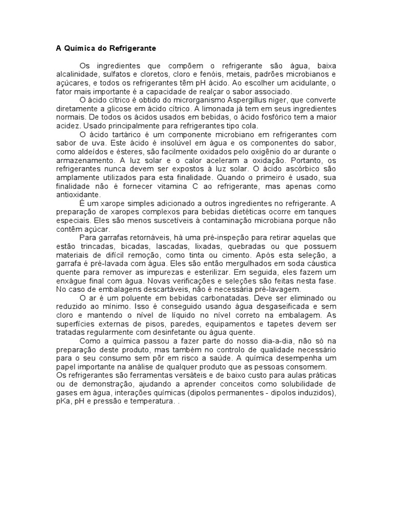 A Química Do Refrigerante Pdf Bebidas Não Alcoólicas Química