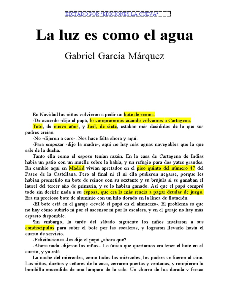 La luz es como el agua: un cuento de García Márquez | PDF | Poesía