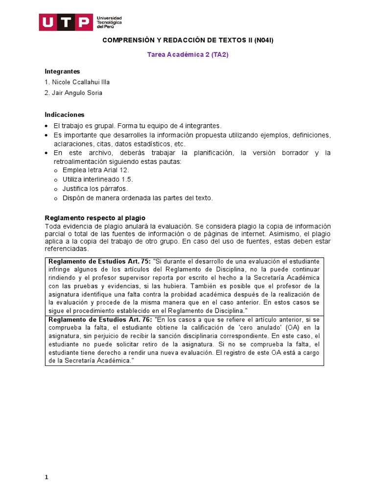 S11 - S12 - Tarea Académica 2 (TA2) - Versión Borrador - Formato-1 | PDF | Acceso abierto ...