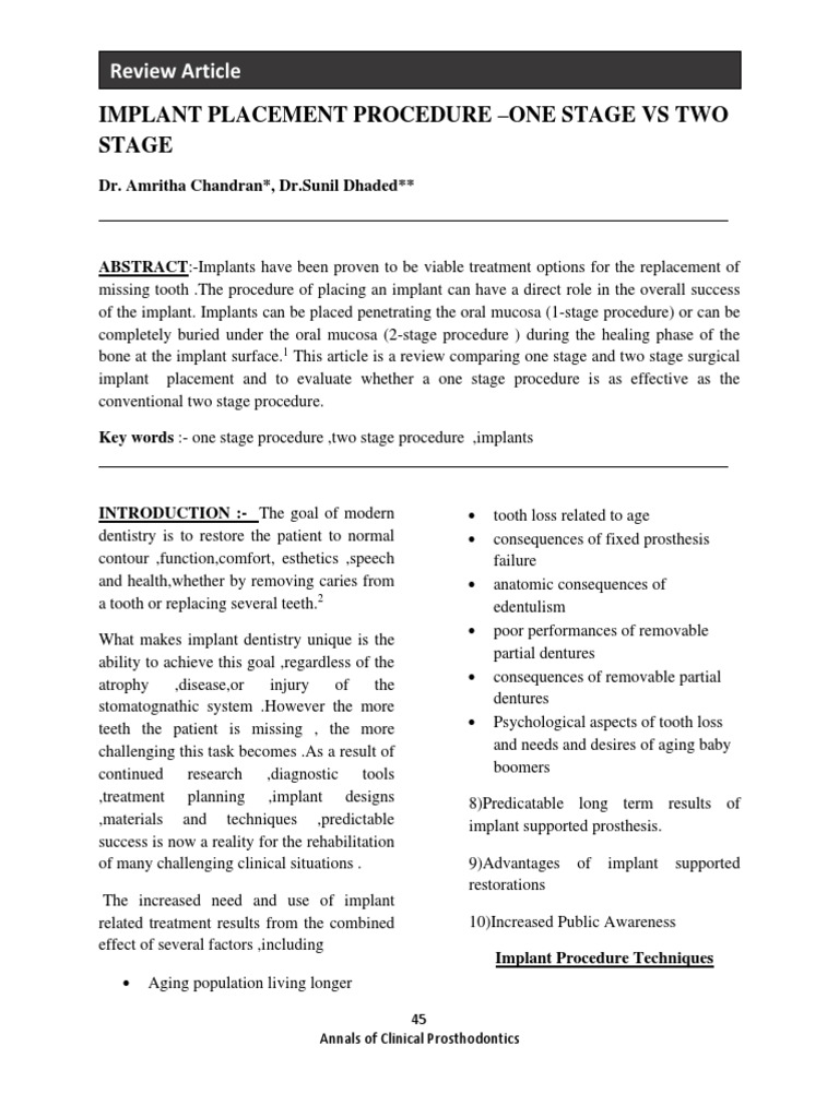 Implant Placement Procedure - One Stage VS Two Stage | PDF | Dental ...