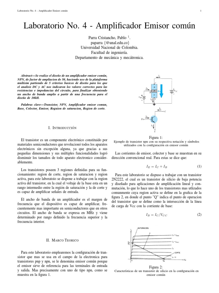 Laboratorio 4 Electr Nica B Sica Grupo 2 | PDF | Transistor | Amplificador