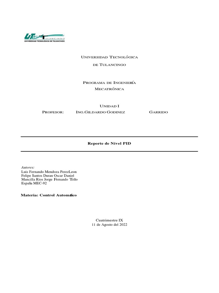 Reporte Nivel de Agua PID | PDF | Sistema de control | Matlab