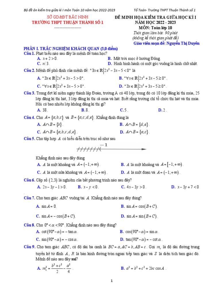 Bo de On Tap Giua Ki 1 Toan 10 Nam 2022 2023 THPT Thuan Thanh 1 Bac Ninh | PDF