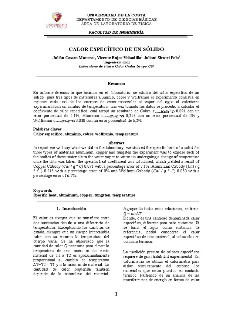 Informe de Calor Especifico Docx | PDF | Calor | Temperatura