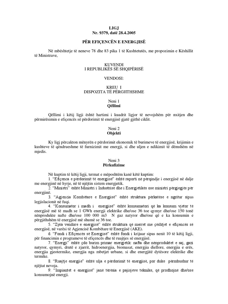 Ligj Per Eficencen e Energjise 43 | PDF