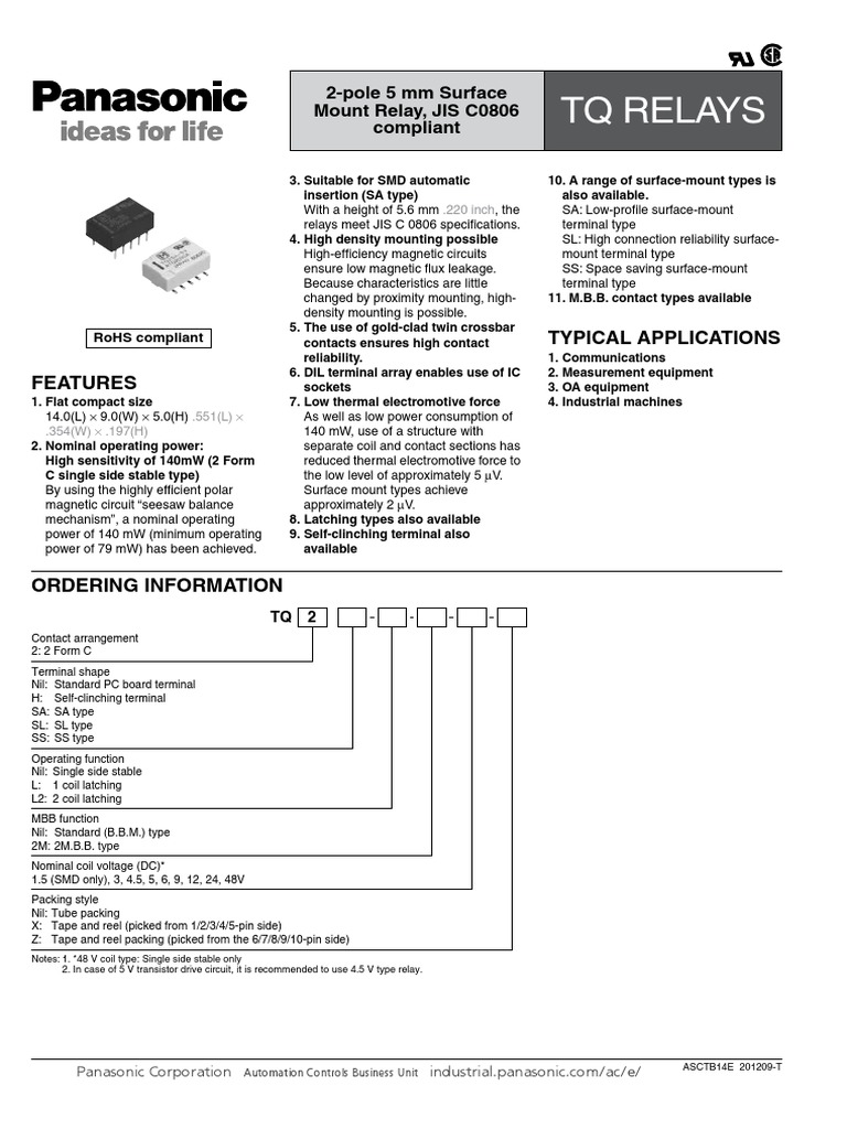 Panasonic TQ Relays: Compact 2-Pole SMD | PDF | Rectifier | Relay