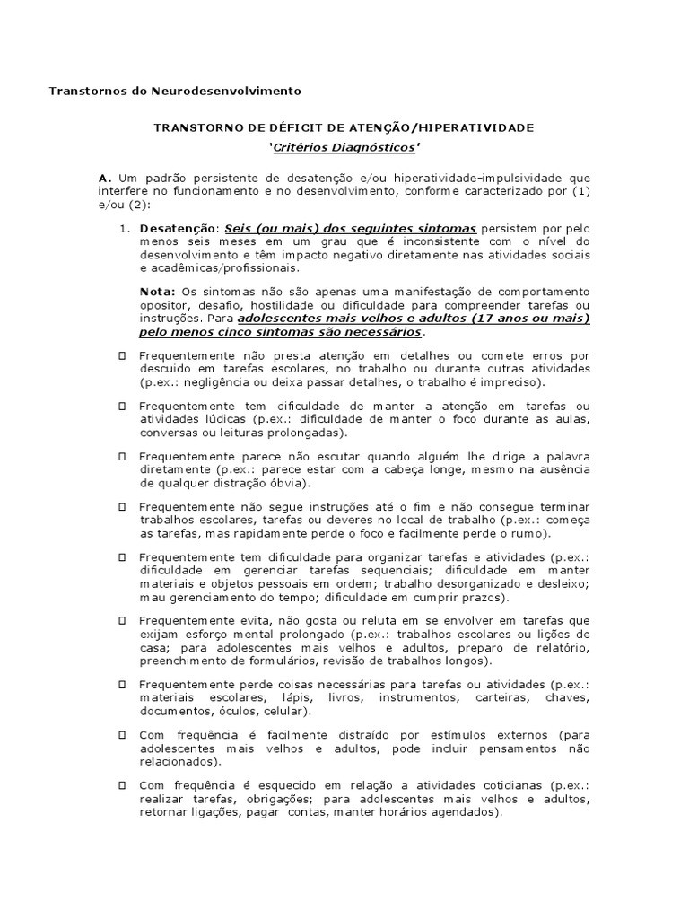 Rastreamento de Critérios Diagnósticos TDAH - DSM-5 | PDF | Transtorno ...