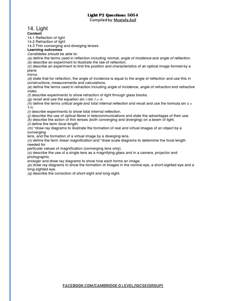 Light P2 Questions 5054 | PDF | Reflection (Physics) | Optics
