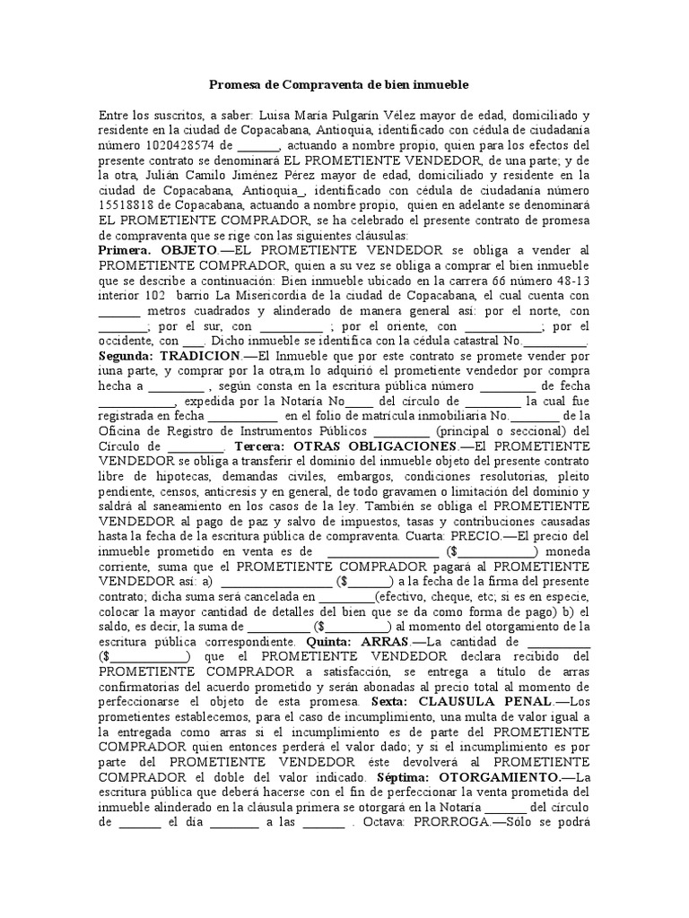 Modelo de Promesa de Compraventa de Bien Inmueble | PDF | Derecho civil ...