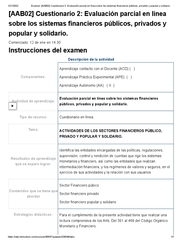 Examen - (AAB02) Cuestionario 2 - Evaluación Parcial en Línea Sobre Los Sistemas Financieros ...