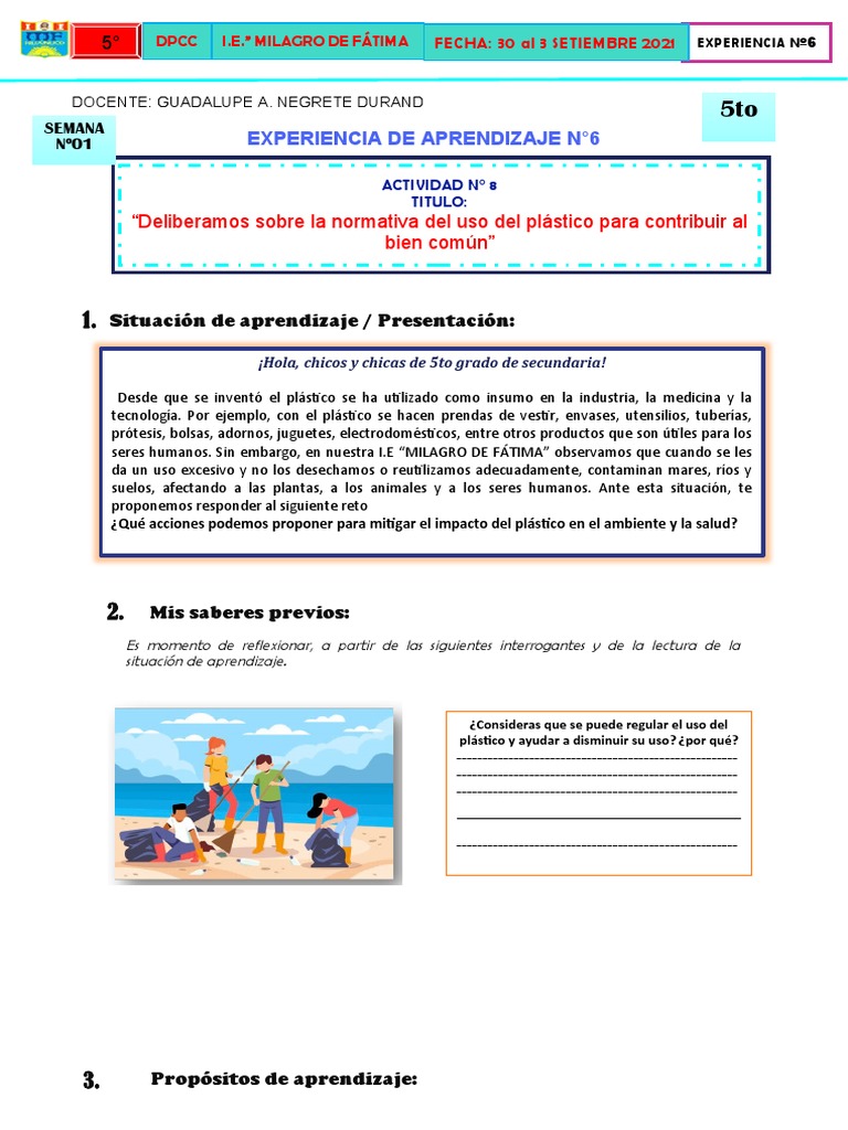 1.act. de Aprendizaje N°6 - DPCC 5° | PDF | El plastico | Residuos