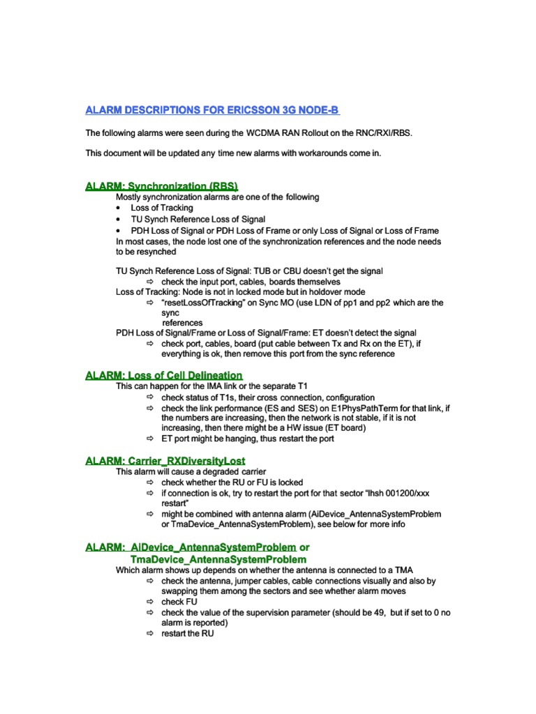 Ericsson 3G Node-B Alarm Descriptions | PDF | Information And ...