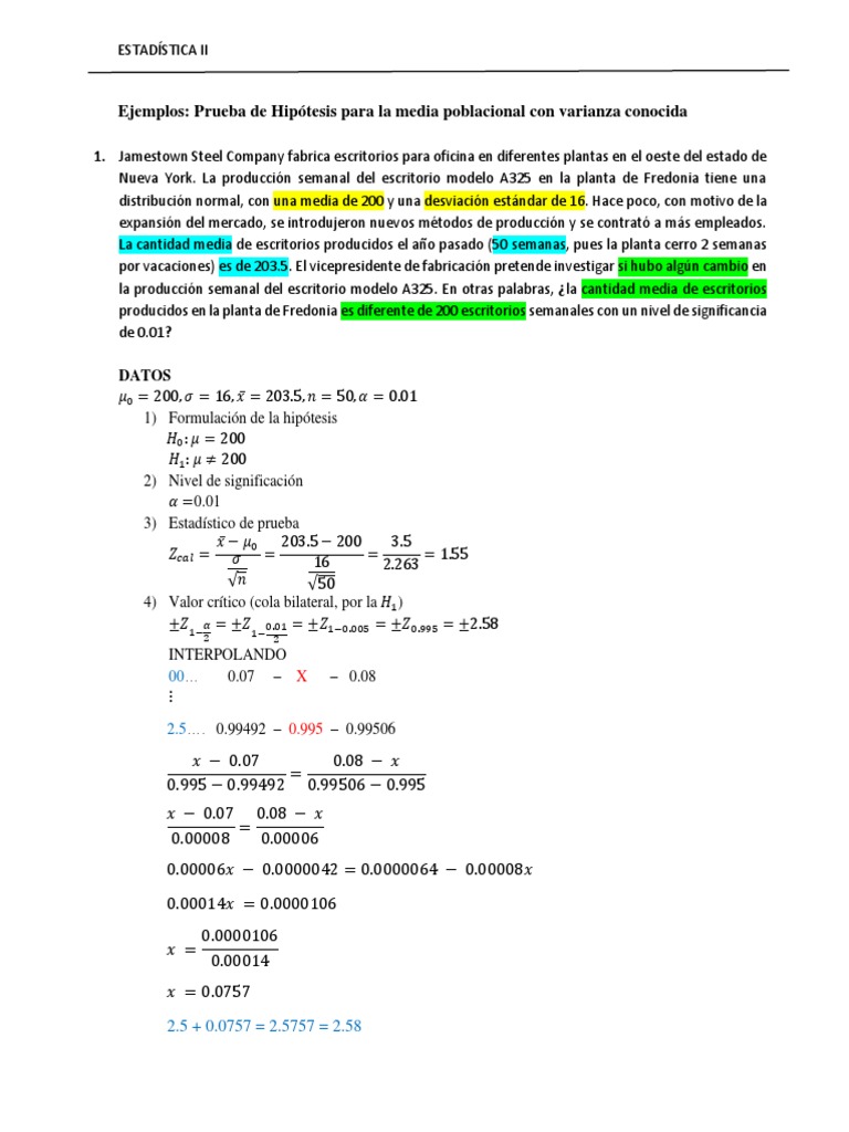 Ejemplos Resueltos PH para La Media Varianza Conocida | PDF | Valor P ...