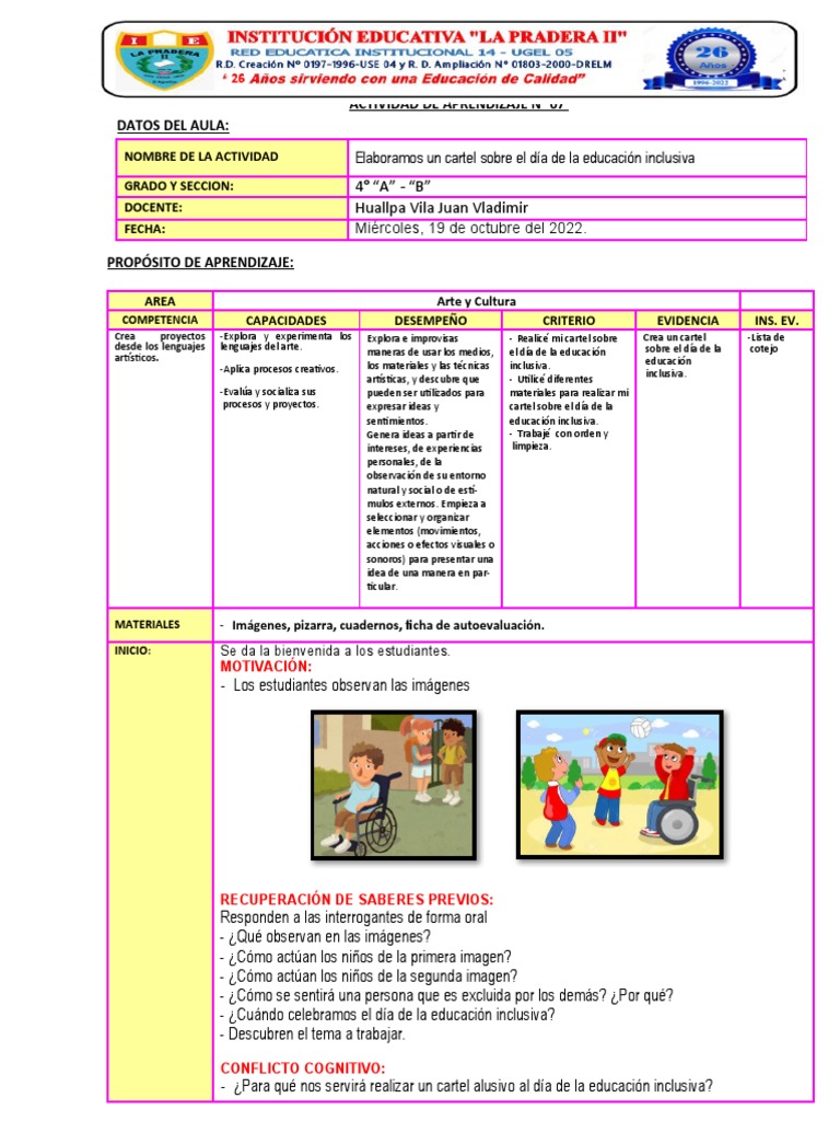 SESIÓN DE APRENDIZAJE #07 Elaboramos Un Cartel Sobre El Día de La Educación Inclusiva | PDF ...