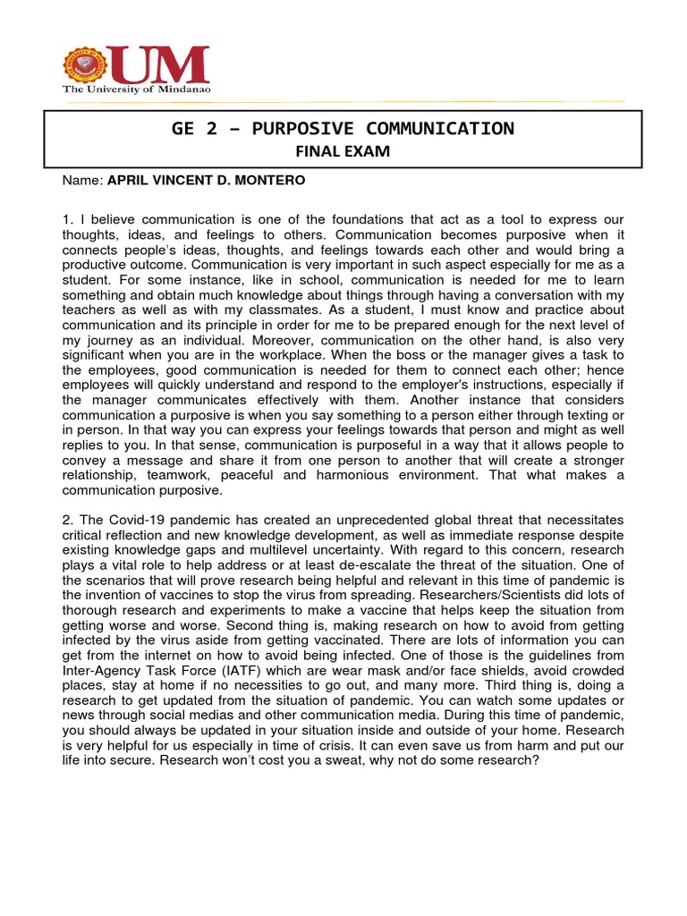 Ge2 Final Exam | PDF | Communication | Pandemic