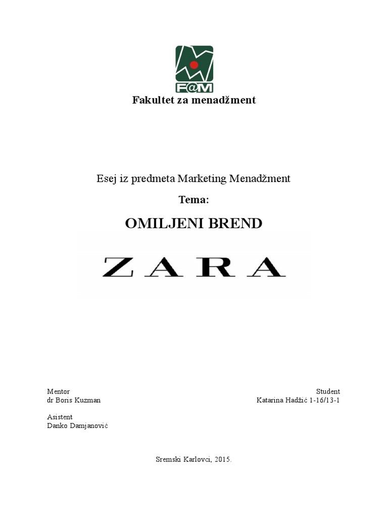 Esej Omiljeni Brend - ZARA - Katarina Hadzic | PDF