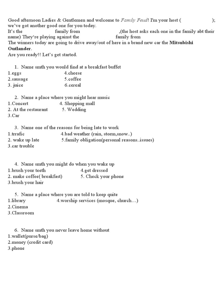 Family Feud Game Questions | PDF