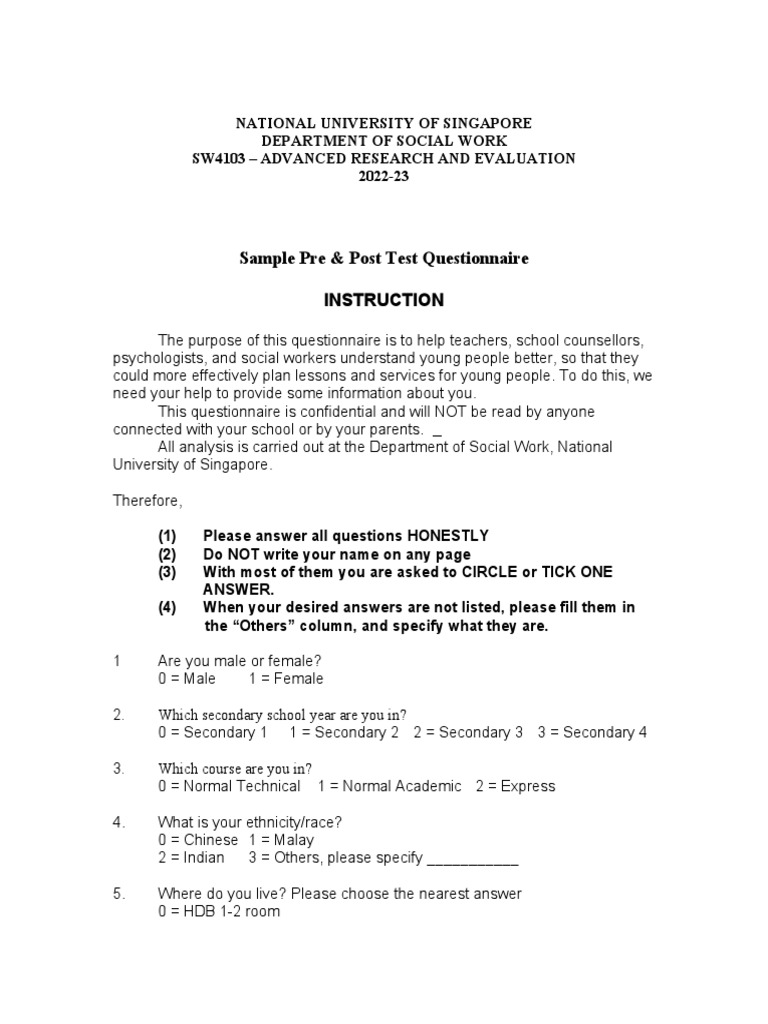 Sample Pre & Post Test Questionnaire Instruction | PDF