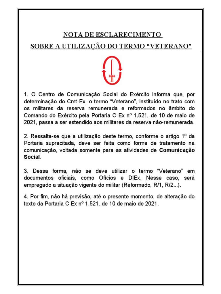 Nota - de - Esclarecimento Sobre o Termo VETERANO | PDF | Tecnologia e Engenharia